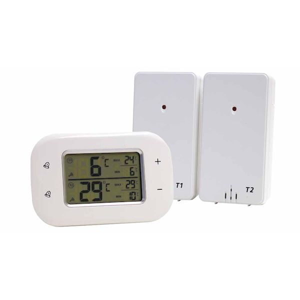 【商品説明】●サイズ縦_本体（mm）：本体：65 子機：95●サイズ横_本体（mm）：本体：100 子機：50●サイズ高さ_本体（mm）：本体：12 子機：25●2ヶ所の離れた場所の温度を計測表示するデジタル温度計です。●本体電源：CR20...