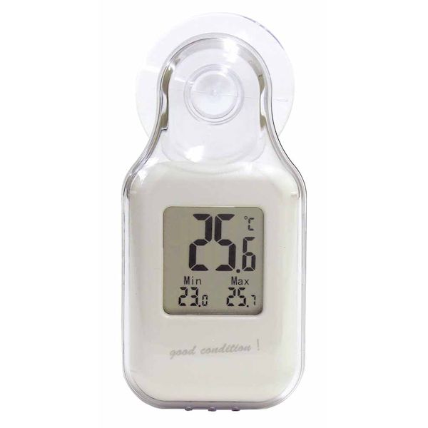 【商品説明】●サイズ縦_本体（mm）：102●サイズ横_本体（mm）：46●サイズ高さ_本体（mm）：23●吸盤付きのデジタル温度計です。●約24時間毎の最高最低温度同時表示。●防滴構造。●吸盤は取り外しが可能で、前面、背面、外すことで掛け...
