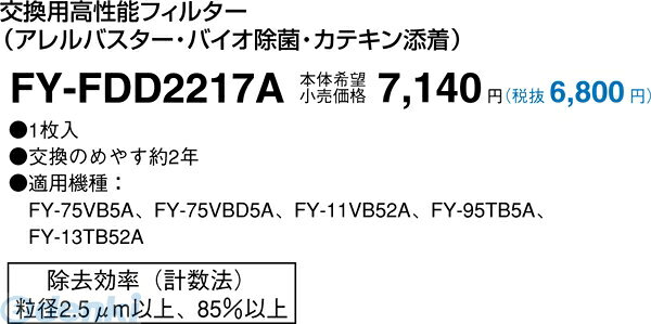 FY-FDD2217A品番 FY-FDD2217A品名 交換用高性能フィルター 熱交気調(カセット形熱交ユニット）用 アレルバスター機能付用途 居間、その他特長●アレルバスター・バイオ除菌・カテキン添着●除去効率：計数法で粒径2.5μm以上...