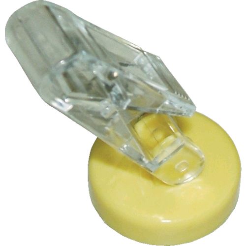 【特長】●リクライニング可動式のカード立てです。●片側にクリップが付いています。【用途】●店舗&オフィス用。【仕様】●色：イエロー●タイプ：PS樹脂●縦(mm)：57●横(mm)：30【仕様2】●マグネット付【材質／仕上】●ポリスチレン(P...