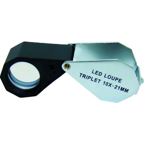 【商品説明】【特長】●LED付のため、明るさが少ないところで威力を発揮します。【用途】●精密検査、鑑定。【仕様】●倍率(倍)：10●レンズ寸法(mm)：φ21●高さ(mm)：24●幅(mm)：45●奥行(mm)：27●電源：ボタン電池(LR...
