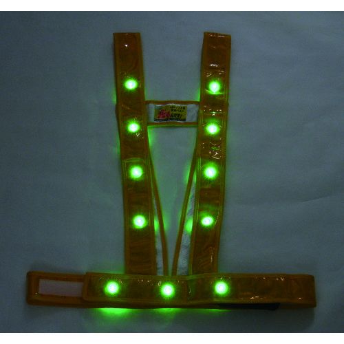 【特長】●タスキ型なので作業性が良く動きやすいです。●ウエスト部が面ファスナーになっています。【用途】●工事現場で働く方や警備員、鉄道保線区の作業員に。●夜間ジョギングやウォーキングに。【仕様】●色：ゴールド●LED色：緑●着丈(cm)：5...