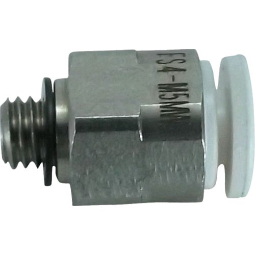 千代田通商メーカーお問い合わせ：043-445-5481【仕様】●接続口径：M5×0.8●適合チューブ外径D(mm)：4●六角対辺(mm)：10●使用圧力：1MPa(空気)、0.3MPa(水)●使用流体：空気、水【仕様2】●流体温度：-5〜...
