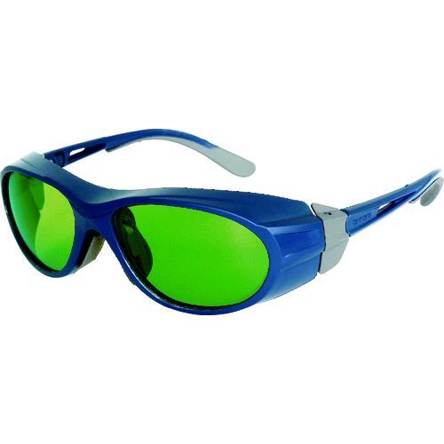 【特長】●フィット性の高いスポーツタイプです。【用途】●溶接作業時に。【仕様】●レンズ色：グリーン●テンプルカラー：ブルー●レンズ厚(mm)：2●幅(mm)：152●高さ(mm)：44●防傷加工：○●UVカット：○●適応波長：190nm〜4...