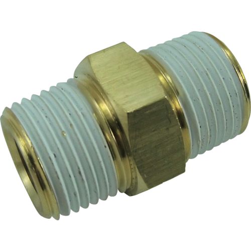 千代田通商メーカーお問い合わせ：043-445-5481【商品説明】【特長】●コンパクト設計です。●シール加工（Rねじ部）。【仕様】●接続口径D：R3/8×R3/8●六角対辺(mm)：19【仕様2】●使用流体：空気・水●流体温度：-5〜60...
