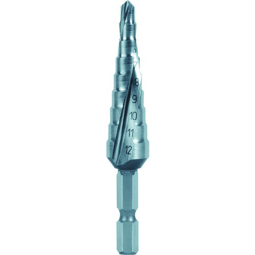 【特長】●高品位の材質を使用し、負荷なく、ビビりのない安定した穴あけが可能です。【仕様】●段幅(mm)：4●段数(段)：9●シャンク径(mm)：6.35●全長(mm)：65●穴あけ寸法(φ):4、5、6、7、8、9、10、11、12【仕様2...