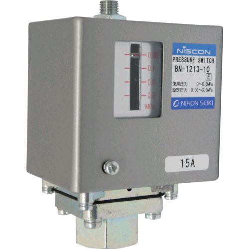 日本精器メーカーお問い合わせ：072-923-0481【商品説明】【特長】●接点容量が大きく構造が簡単です。●設定圧力になると信号をだします。【仕様】●設定圧力(MPa)：0.03〜0.3●接続口径：G3/8●使用圧力(MPa)：0〜0.8...
