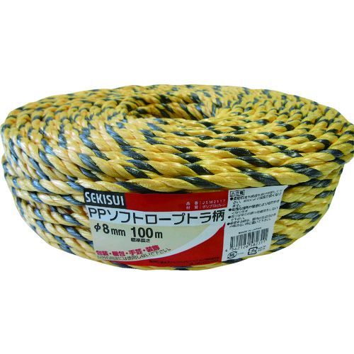 積水化学工業メーカーお問い合わせ：03-5521-0505【特長】●切り口が解れず軽くて作業性が良く使用時の巻き崩れが少なく絡まず最後まで使用できます。●焼却しても有害なガスを発生しません。●危険・注意喚起を促すトラ柄ロープです。【用途】●...