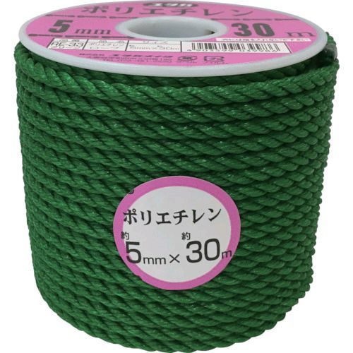 ユタカメイクメーカーお問い合わせ：072-441-2220【特長】●軽量で水に強く、強力でショックにも強いロープです。【用途】●ネット、農園芸、インテリアなど。【仕様】●色：緑●線径(mm)：5●長さ(m)：30●包装形態：ボビン巻【材質／...