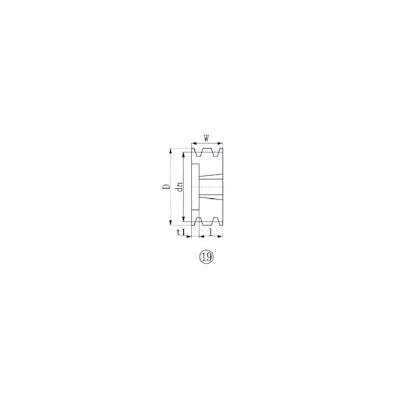 【特長】●軸穴・キー溝加工などが不要となり、納期管理が容易となります。●適用ブッシング 1610【用途】●ベルト伝導による変速に。【仕様】●データム径(mm)：100●溝数：3●適用ブッシング：1610●図面番号：19●適用ベルト：B、BX...