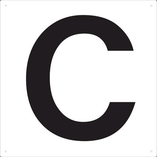 【特長】●屋内外使用可能です。●通り芯表示板に使用可能です。●庫内等のゾーン分け、目印にも便利です。【仕様】●取付仕様：穴4ヵ所●縦(mm)：420●横(mm)：420●表示内容：英字「C」　白●穴径(mm)：4●厚さ(mm)：1●厚み1m...