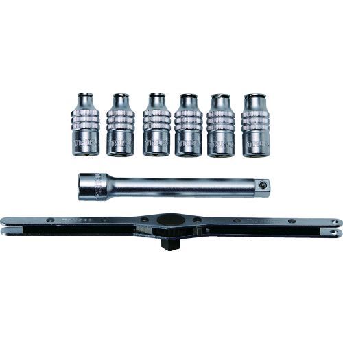 【特長】●汎用のソケットレンチ用のハンドルで駆動することのできるタップホルダソケットのセットです。【用途】●タップ立て用。【仕様】●ケース寸法(mm)：240×100×32●セット内容：タップホルダ(TTH-M4、M5、M6、M8、M10、...
