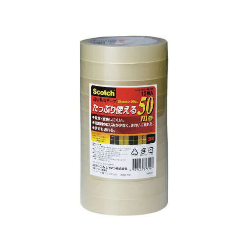 ●たっぷり使える50m巻。　●変色しにくい透明PPテープです。　●カッター刃なし。●シュリンク包装。　●幅／18mm　●巻芯直径／76mm　●テープ外径／98mm　●カッター刃なし　●シュリンク包装　●巻芯は再生紙を使用　●大気中に蒸発する...