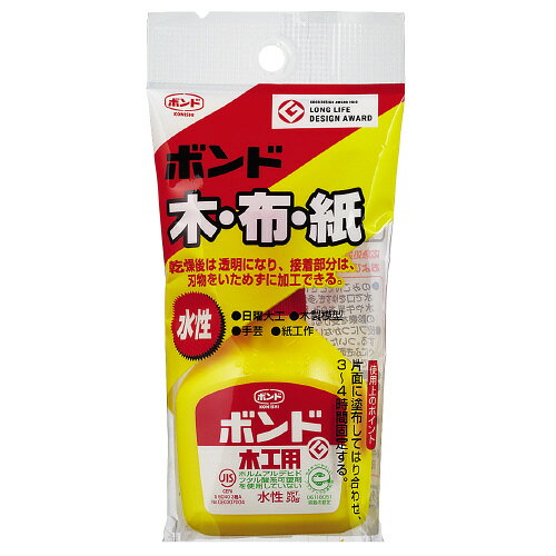 ●容量／50g　●成分／酢酸ビニル樹脂系エマルジョン形　●材質／容器（キャップ・ノズル除く）再生PE　●プラスチックの再利用　●特長／水性、乾燥後白色半透明、乾燥後切削可、ホルムアルデヒド・可塑剤不使用　●用途／木の接着に幅広く使えます。木...
