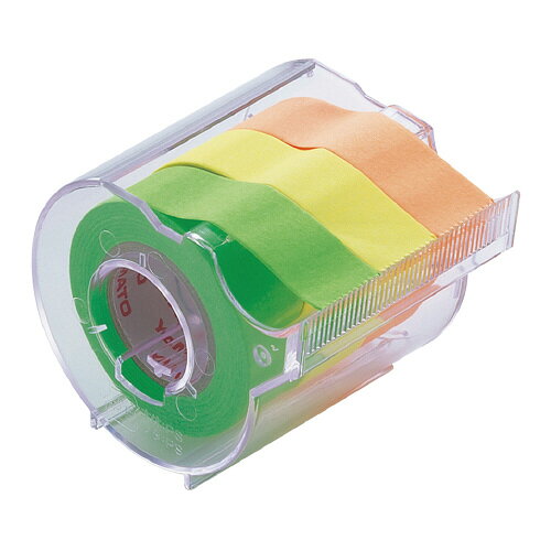 ●しっかり貼って、きれいにはがせる全面粘着剤付き紙ロールテープ　●お好きな長さにカットして、メモ書き・インデックスの仮止めなどに便利です　●（カッター付き）ディスペンサー付き　●サイズ／15mm×10m　●3巻入り（ライム＆レモン＆オレンジ...