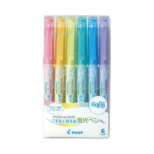 ●こすると消える、とっても便利な蛍光ペン。　●使いきりタイプ●6色セット／ソフトピンク・ソフトイエロー・ソフトグリーン・ソフトオレンジ・ソフトブルー・ソフトバイオレット●線幅／3．3mm●ペン先／角芯●フリクションインキ●軸は再生PP、キャ...