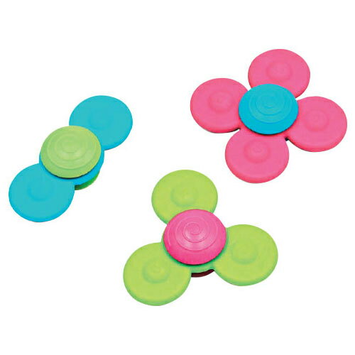 裏面には吸盤が付いているので、テーブルや窓に付けてスピンさせたり、歯がためとしても使えます。●内容／スクイグズ×3(ピンク、緑、青)●サイズ／105×105×32mm(ピンク)、120×120×32mm (緑)、125×50×32 mm (...