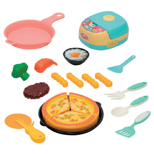 色々な組み合わせで人気メニューをつくろう！●内容／炊飯器×1、ハンバーグ×1、ピザカッター×1、スキレット×1、エビフライ×1、フォーク×1、お皿×1、ピザ×3、スプーン×1、ポテト×4、ごはん×1、フライ返し×1、ブロッコリー×1、しゃも...