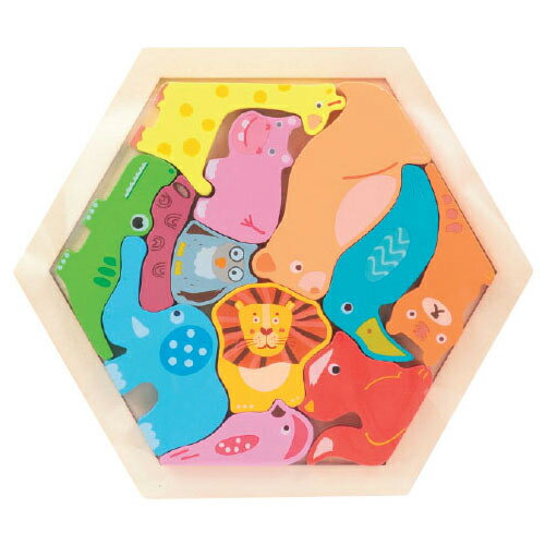 かわいいデザインの木製六角形パズル。●内容／フレーム×1、パーツ×12ピース●サイズ／190×160×11mm●重量／132g●材質／MDFアタマを使う 知育玩具 学童 図形 パズル 冬あそび 特別支援e213-195