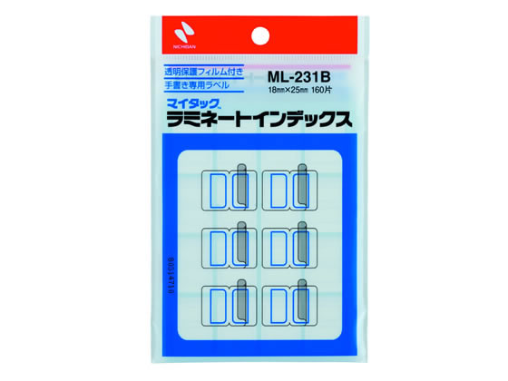 【仕様】●マイタックラミネートインデックス 小●サイズ：18×25mm●枠色：青●透明保護フィルム付き●入数：16片×10シート入（160片入）●材質／基材：上質紙、保護フィルム（ポリプロピレン）、粘着剤：アクリル系、はく離紙：ノンポリラミ...