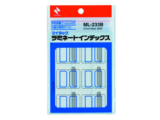 【仕様】●マイタックラミネートインデックス 大●サイズ：27×34mm●枠色：青●透明保護フィルム付き●入数：9片×10シート入（90片入）●材質／基材：上質紙、保護フィルム（ポリプロピレン）、粘着剤：アクリル系、はく離紙：ノンポリラミ紙●...