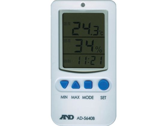 【仕様】●型番：AD-5640B●測定温度範囲（℃）：0〜50　●幅（mm）：58　●奥行（mm）：17　●高さ（mm）：110　●測定湿度範囲（％RH）：20〜90　●温度最小表示（℃）：0．1　●湿度最小表示（％RH）：1　●電源：単4...