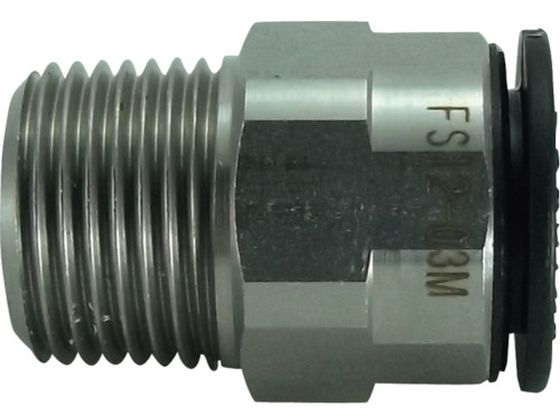 【仕様】●型番：FS12-03M●接続口径：R3／8　●適合チューブ外径D（mm）：12　●六角対辺（mm）：19　●使用圧力：1MPa（空気）、0．3MPa（水）　●使用流体：空気、水●流体温度：−5〜60℃（空気）、5〜40℃（水）●本...