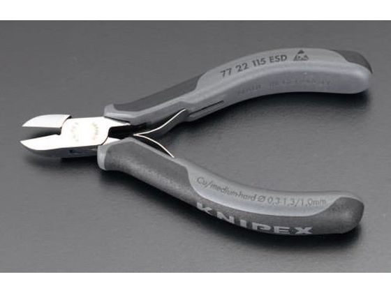 【仕様】●メーカー：KNIPEX（クニペックス）●型番：7722115ESD●全長：115mm●直刃●表面抵抗：1×10＾5〜1×10＾12Ω●仕上げ：高級磨き●切断能力：軟線φ0．3〜1．3mm●刃硬度：HRC57●ハンドル：コンフォート...