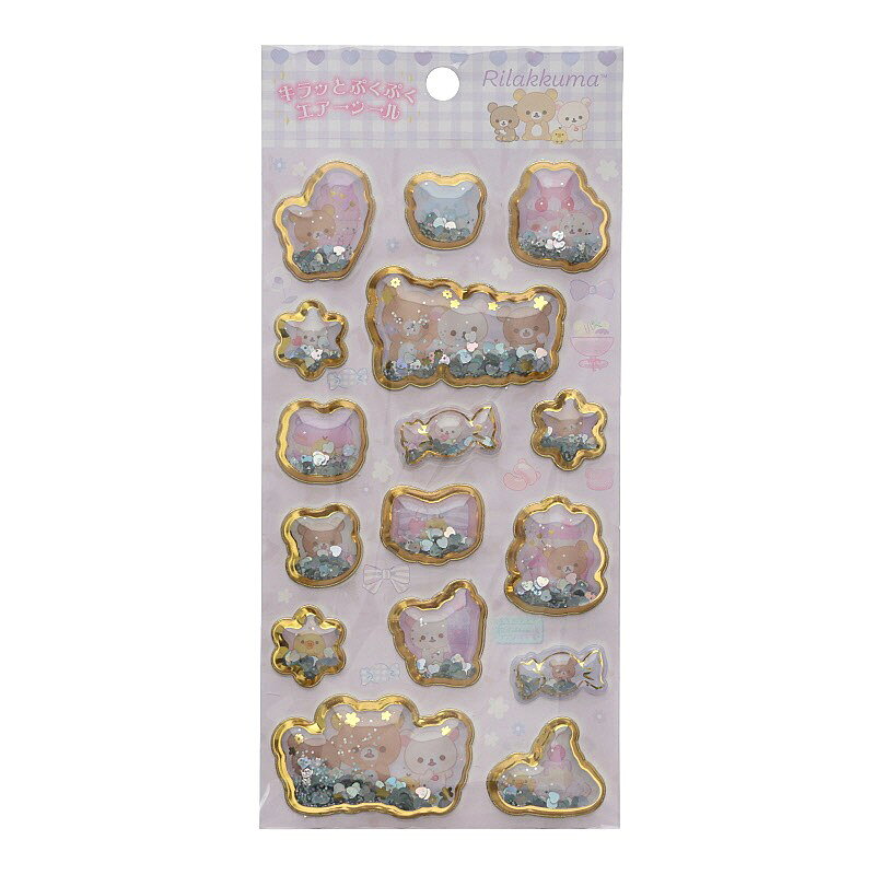 人気のぷくぷくエアーシールから新形態が登場。キラキラのグリッターと金箔押しがゴージャスなシールです。●セットサイズ：H200×W95mm●素材：PVC＋クリアセパ●箔押し●透明カプセル付き●グリッター入り　