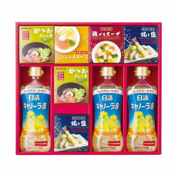 キャノーラ油、かつおだしの素、焼き塩など、いつもの料理の味わいを豊かにする調味料を詰合せた和食、洋食、中華と幅広く使って頂けるバラエティ調味料ギフトです。【食品名称】日清キャノーラ油:食用なたね油、マルトモかつおだしの素:風味調味料(かつお...