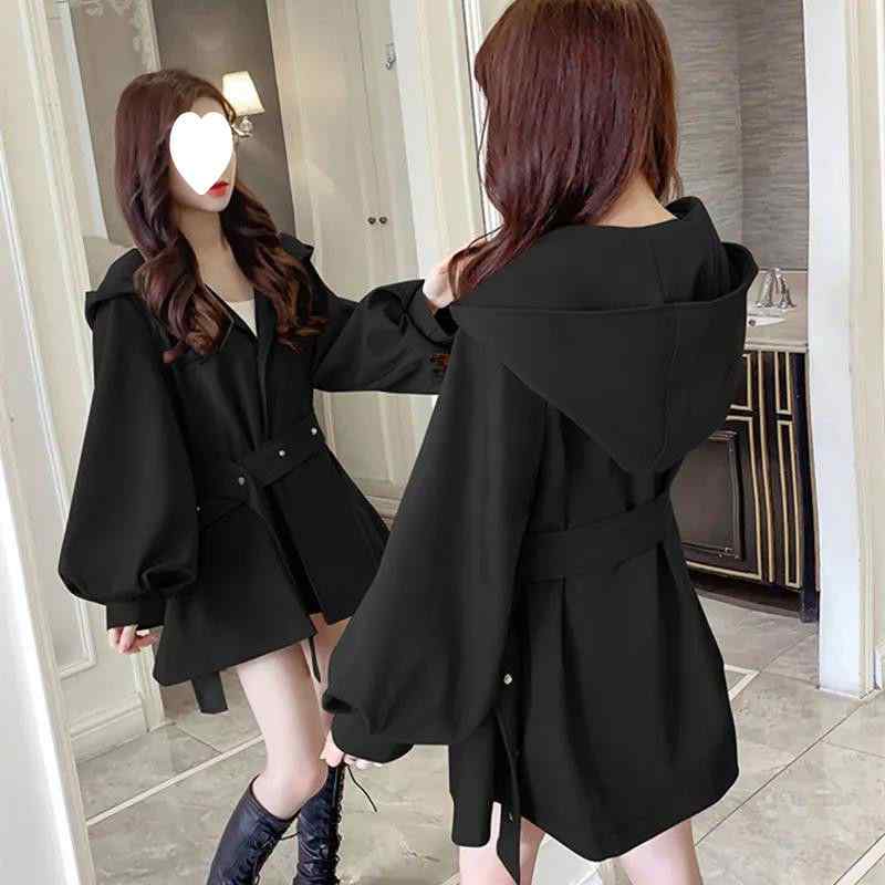 トレンチコート レディース 春秋 韓国 ショート丈 フード付き ゆったりサイズ 婦人服 ポリエステル 黒 カーキ