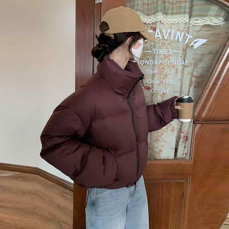 ダウンジャケット レディース 小柄 向け ショート丈 韓国 黒 茶色 中綿入り 立襟 防寒 暖か アウター ジャンパー ブルゾン 秋冬・填充物: 羽绒棉・素材: ポリエステル・着丈: 短め(40cm<着丈≤50cm)・袖丈: 長袖・シ...