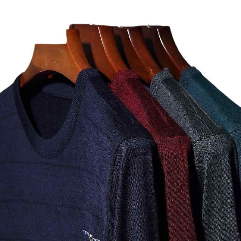 Tシャツ 男性用 コットン ニット トップス ラウンドネック ストライプ柄 長袖 春秋 普段使い 中年 紳士 リラックス