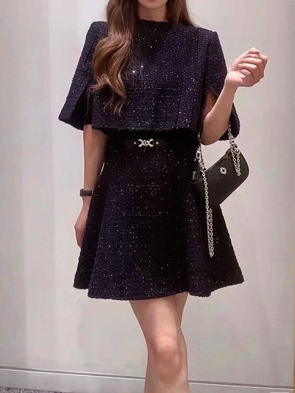 ワンピース レディース 斗蓬式 ジャケット セットアップ ポリエステル ブラック フォーマル OL 通勤 エレガント パーティー ドレス XS S M L XL・素材: ポリエステル繊維・袖丈: 五分袖・袖のタイプ: ケープ風・スカート丈:...