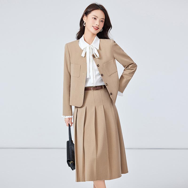 セットアップ レディース スーツ ジャケット プリーツスカート TR生地 ポリエステル OL 通勤 エレガント グレー ブラック カーキ 長袖