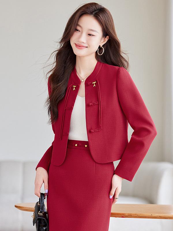 スーツ レディース 新チャイナ風 赤 ポリエステル テーラードジャケット スカート セットアップ OL 通勤 エレガント 春秋・素材: ポリエステル・カラー: レッド.アプリコット.ブラック・サイズ: S.M.L.XL.XXL.XXXL.X...