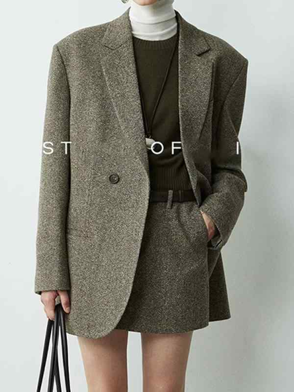 セットアップ レディース 秋冬 羊毛 ウール ショート丈 ジャケット ミニスカート スーツ OL 通勤 クラシックブラック 茶色 ブラウン グレー・素材: 羊毛・混紡率: 50-70%・カラー: ブラック（スーツ）.落葉茶ブラウン（スーツ）...