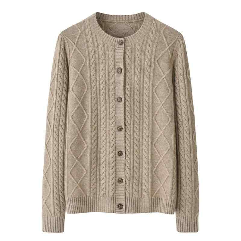 カーディガン レディース ニット ケーブル編み ラウンドネック 厚手 秋冬 ゆったり 赤 ベージュ系