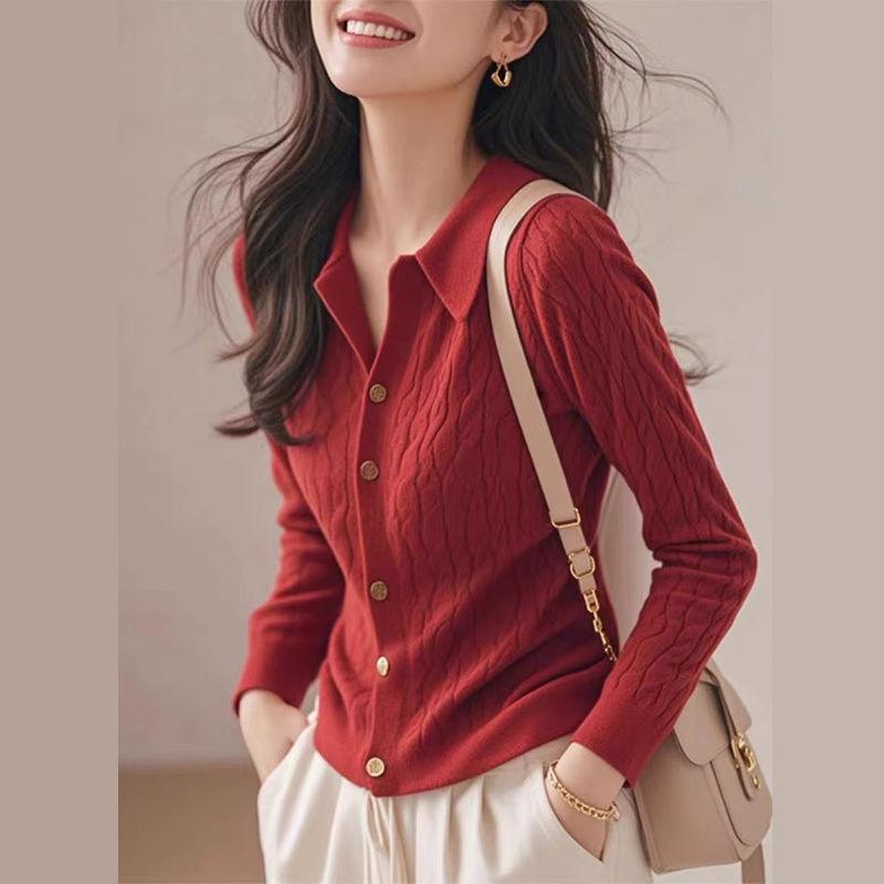 カーディガン レディース 秋 ニット 長袖 POLOネック レトロ かわいい 接触冷感 伸縮性 通勤 通学 レッド 赤