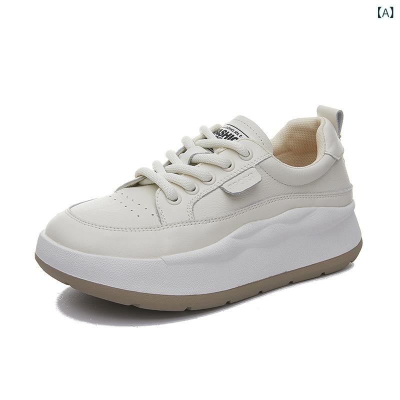 2厚底シューズ レディース スニーカー 本革 カジュアルシューズ スポーティ ミドルヒール ラウンドトゥ 紐靴 痛くない 疲れない 歩きやすい 通気性 クッション性 耐摩耗性 滑り止め 春夏秋冬 白 黒