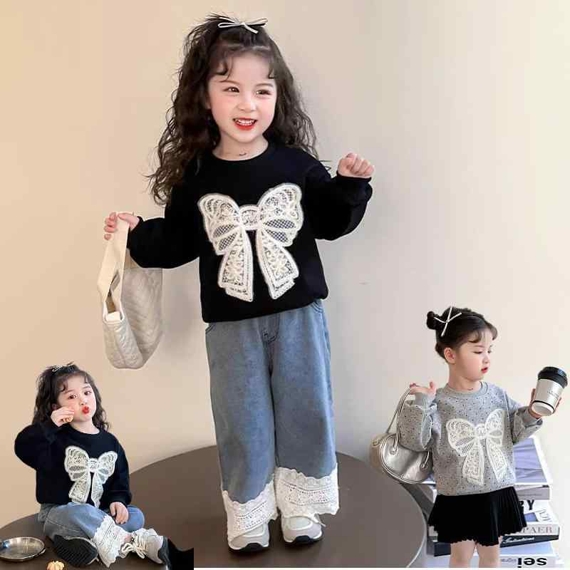 子供服 スウェット ガールズ 春秋 トップス 長袖 かわいい 蝶結び カットソー 女の子 普段着 通園 通学 グレー ブラック 90 100 110 120 130 140cm・適用性別: 女・スタイル: 韩版・適合年齢: 中小童(3~8歳...