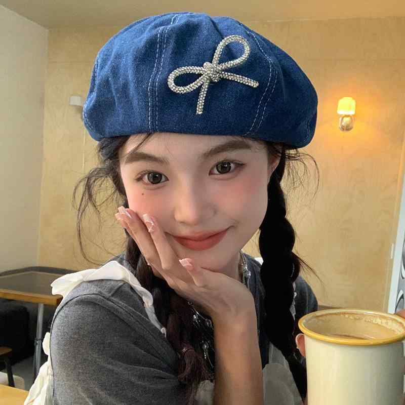 ベレー帽 レディース デニム パール 蝶結び 八角帽 帽子 春夏 薄手 通気性 深青色 浅青色