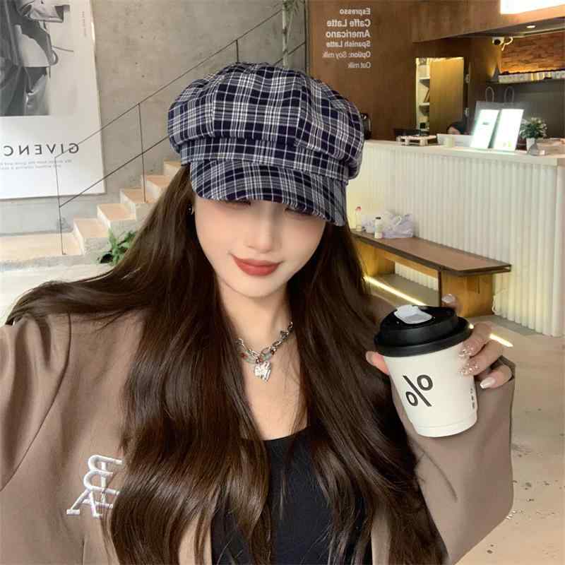 帽子 レディース ベレー帽 ハンチング帽 レトロ チェック柄 小顔効果 防寒 保温 秋冬 ブラック カーキ ブラウン レッド ネイビー