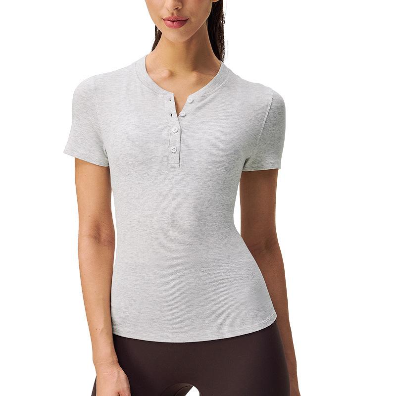 Tシャツ レディース ハーフボタン リブ スリム 半袖 スポーツ トップス 接触冷感 ヨガウェア ショート丈 無地 アスレジャー カジュアル 超浅グレー ブラック アイボリー スターチブルー S M L XL
