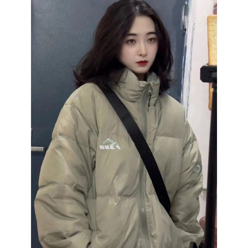 ダウンジャケット レディース 短め丈 韓国 ゆったり 厚手 アウター ペア あったか ポリエステル 無地 ポケット付き ジップアップ ミルキーホワイト ブラック 豆グリーン S M L XL 通勤