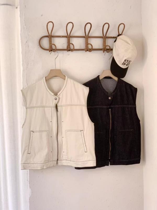 2ベスト レディース 春夏 ノースリーブ コットン 小立襟 ギャザー ポケット ゆったり かわいい 羽織り 重ね着 レトロ おしゃれ ミルクホワイト ブラック