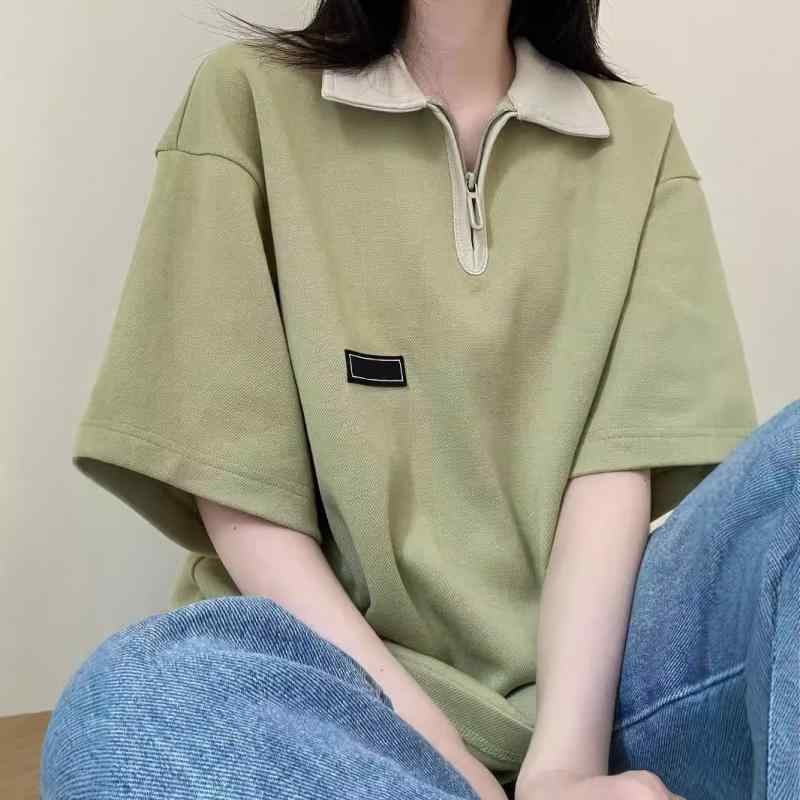 Tシャツ レディース 半袖 小柄 ポロネック 接触冷感 ゆったり ポリエステル トップス カットソー 無地 夏 緑 グリーン 黒 ブラック