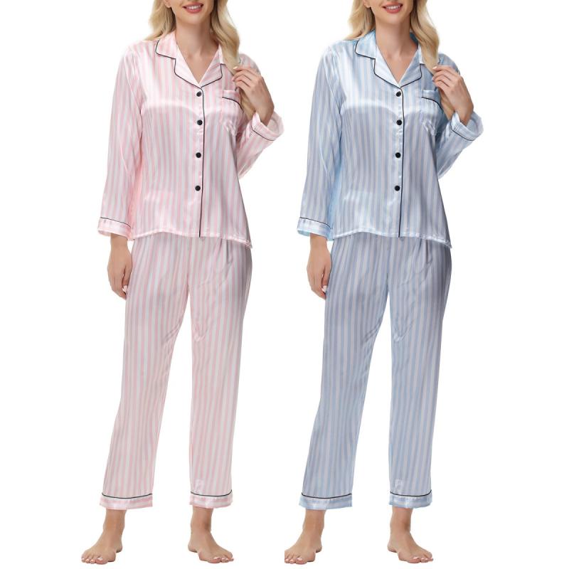 パジャマ レディース 春夏 ルームウェア 寝巻き 部屋着 サテン ストライプ柄 長袖 長ズボン 上下セット 接触冷感 涼しい 快適 伸縮性 薄手 ポリエステル