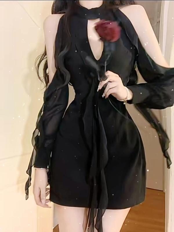 ワンピース レディース 黒色 露肩 長袖 膝上丈 ポリエステル 無地 接触冷感 Aライン きれいめ セクシー