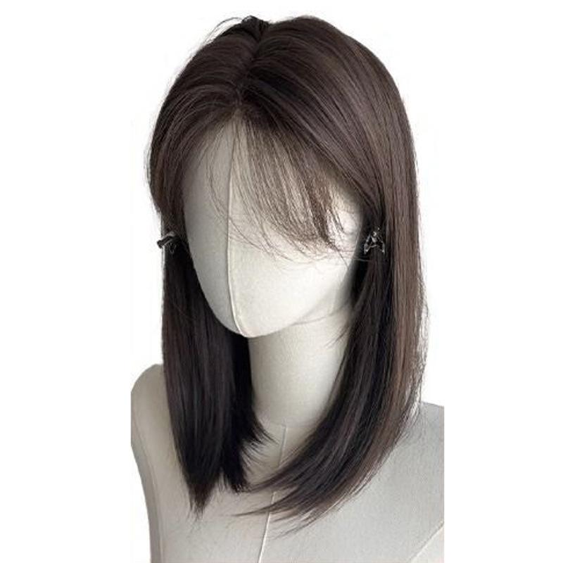 ウィッグ レディース 中 long 前髪 レース 人毛 八の字 ぱっつん 小顔 鎖骨 ボブ フルウィッグ 医療用 おしゃれ かわいい 女性 婦人 自然 黒髪 普段使い